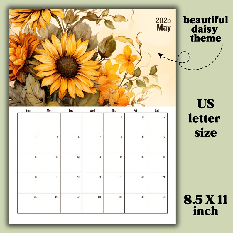 2025 Printable Monthly Calendar, DAISY LOVE, 8.5 X 11 Inch, Portrait ...