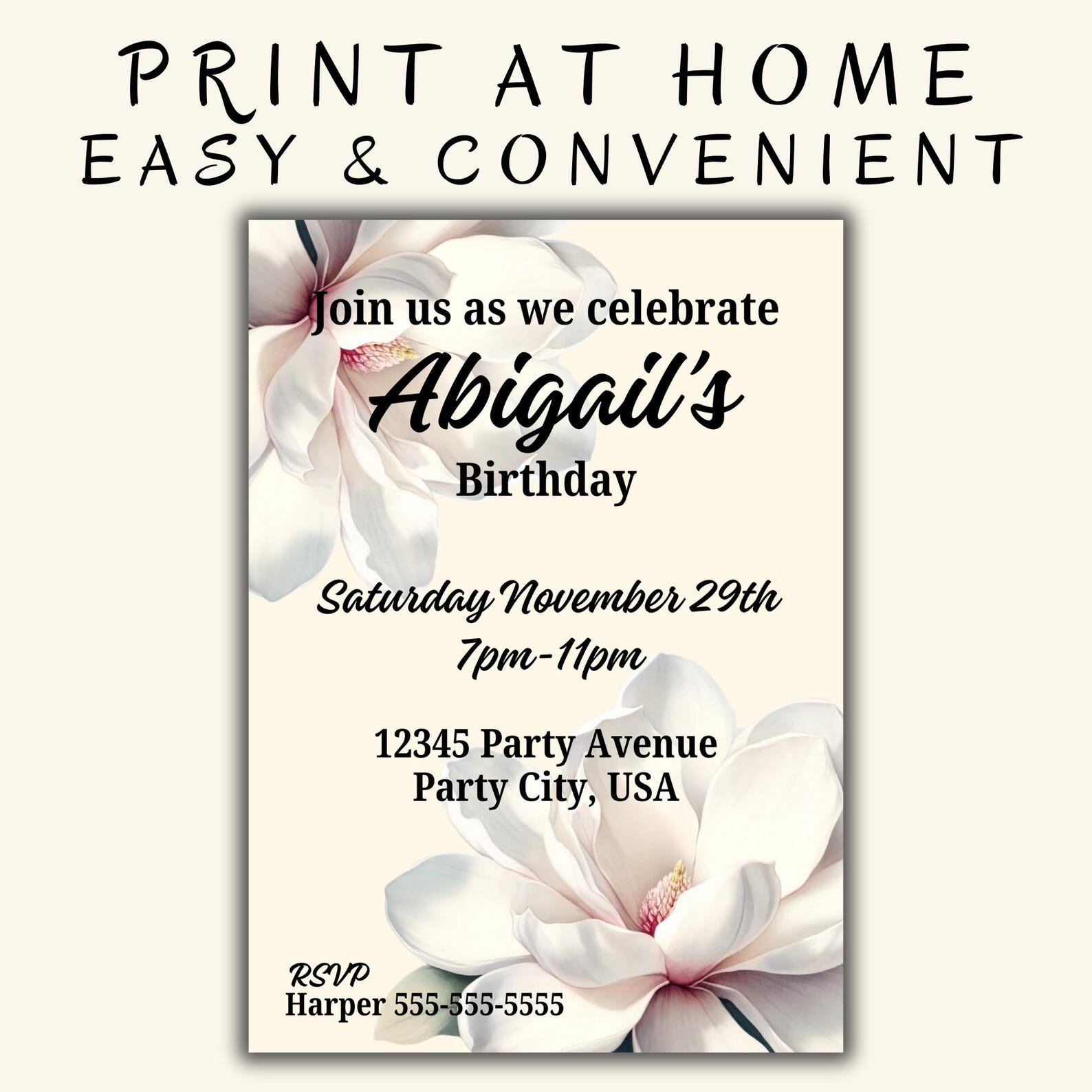 Magnolia Charm BIRTHDAY Invitation, Printable Floral Party Invite ...