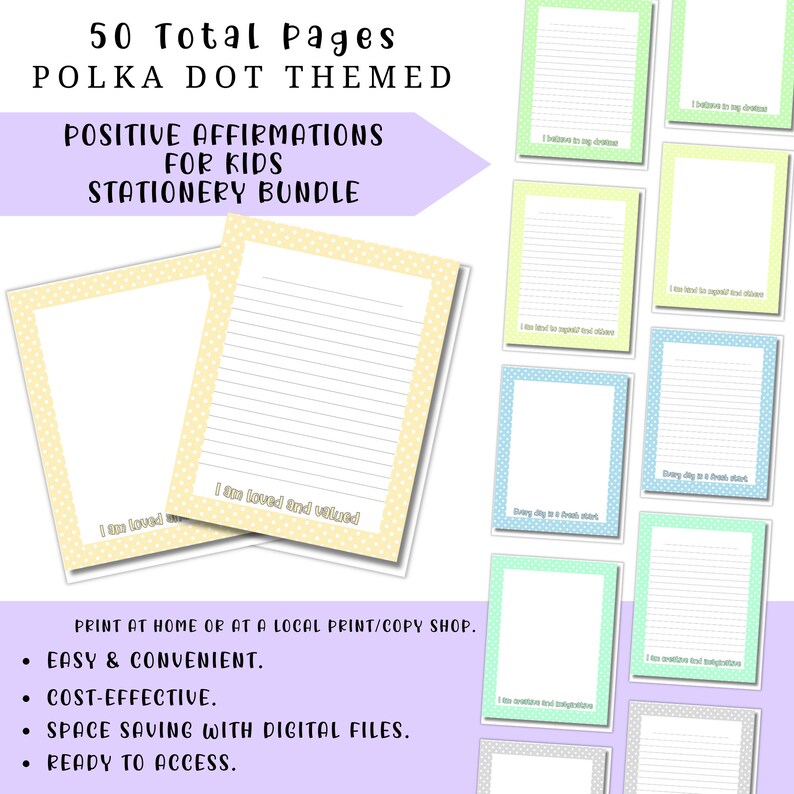 Positive Affirmation Stationery Set for Kids: Polka Dot Design (digital ...