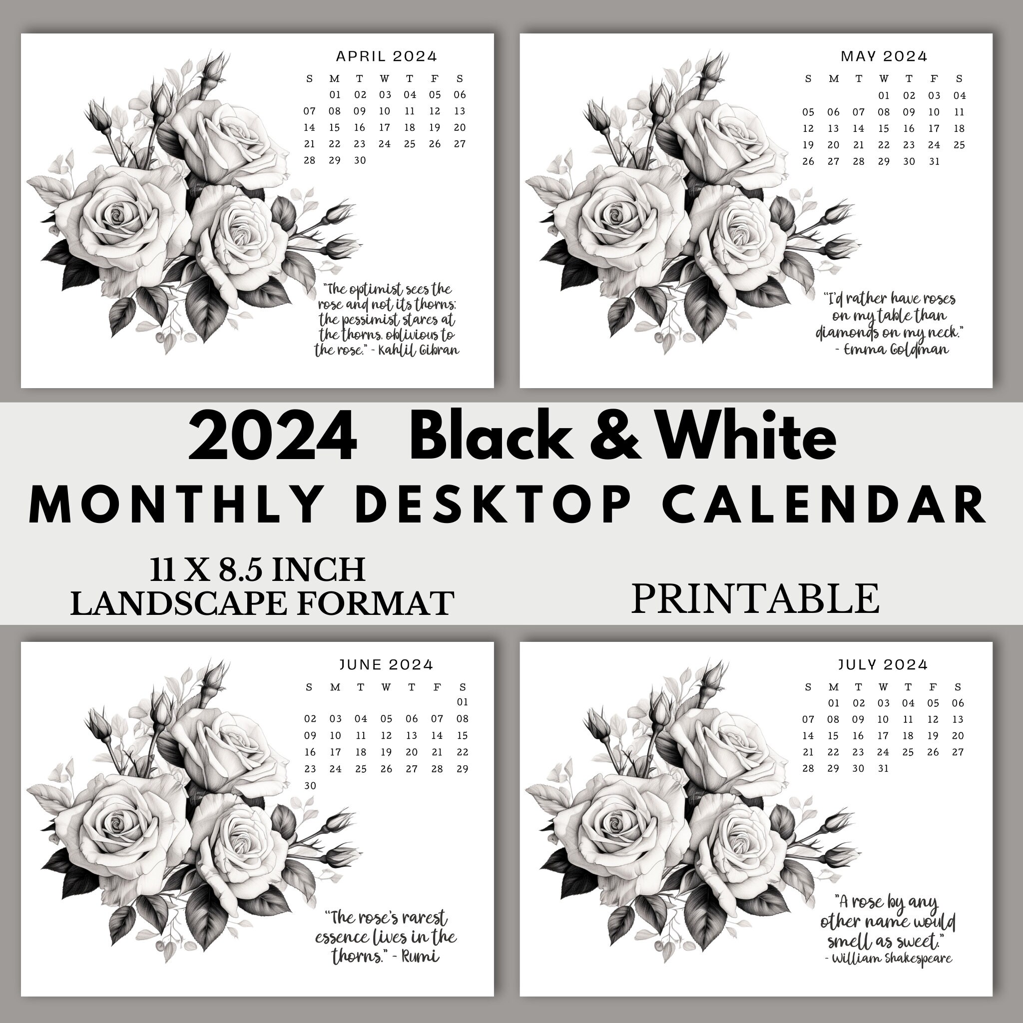 2024 Black & White Printable Monthly Desktop - Etsy