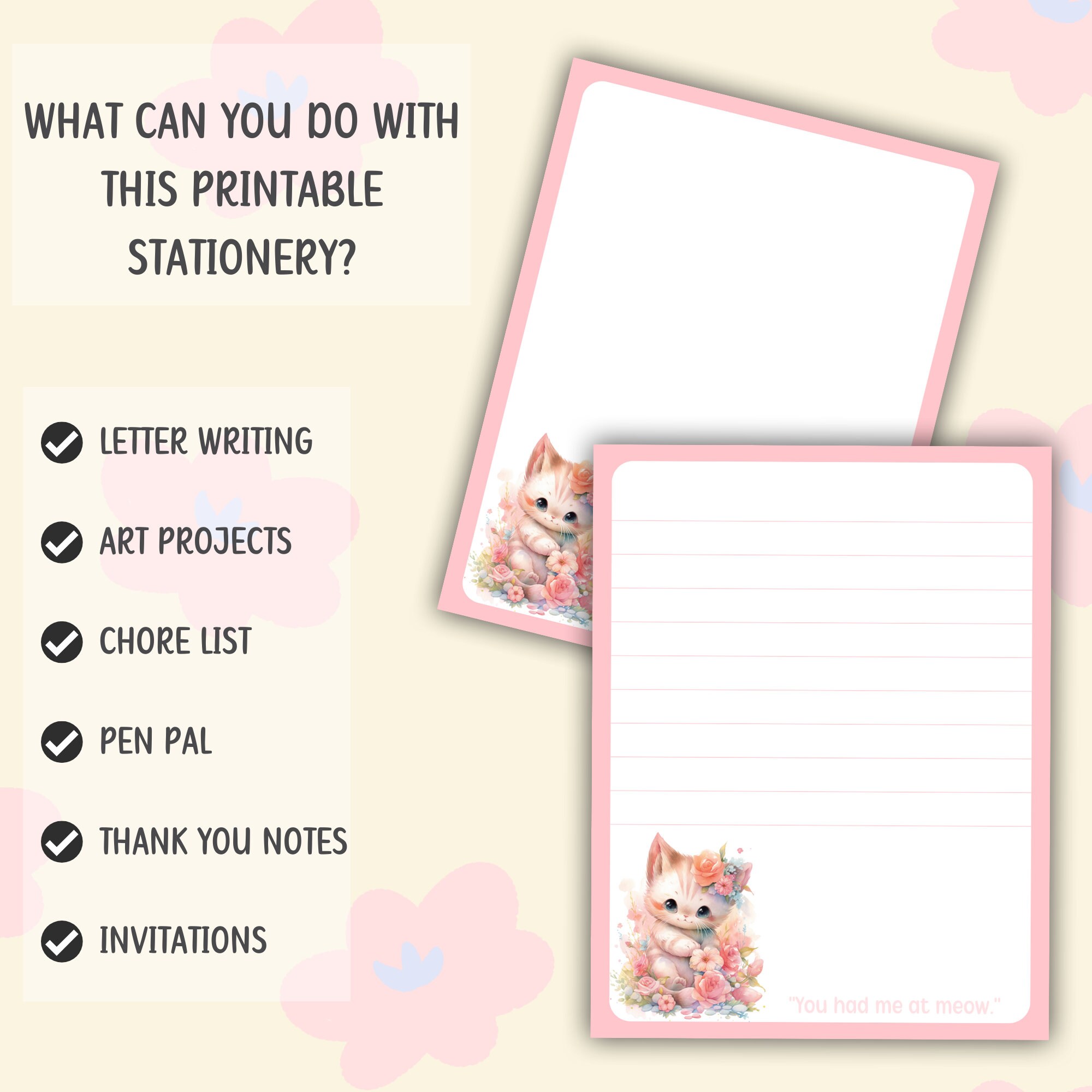 Printable Stationery Set for Kids, Cute Kittens, Cat Lovers, Letter ...