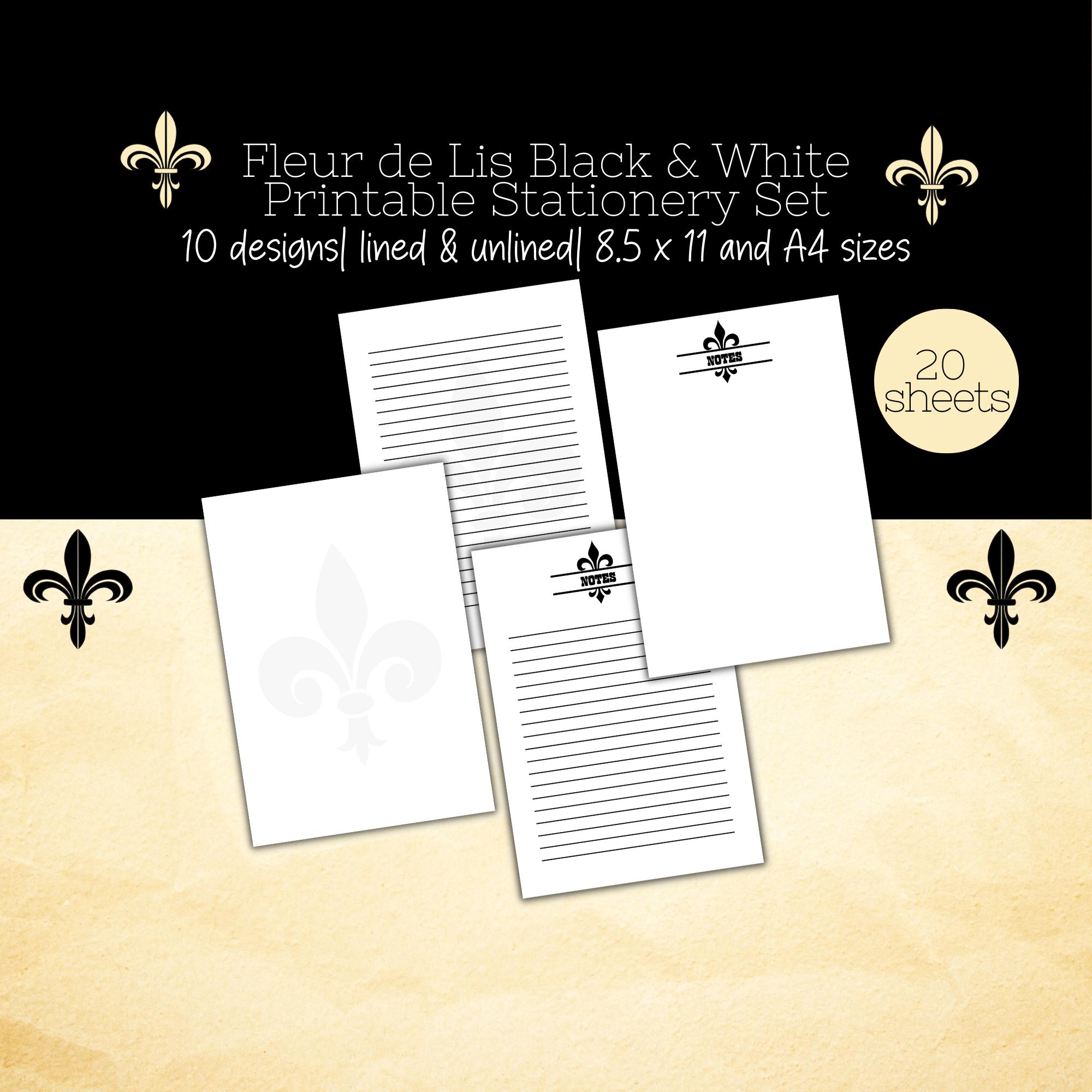Fleur De Lis Printable Stationery Set, Black and White Letter Writing ...