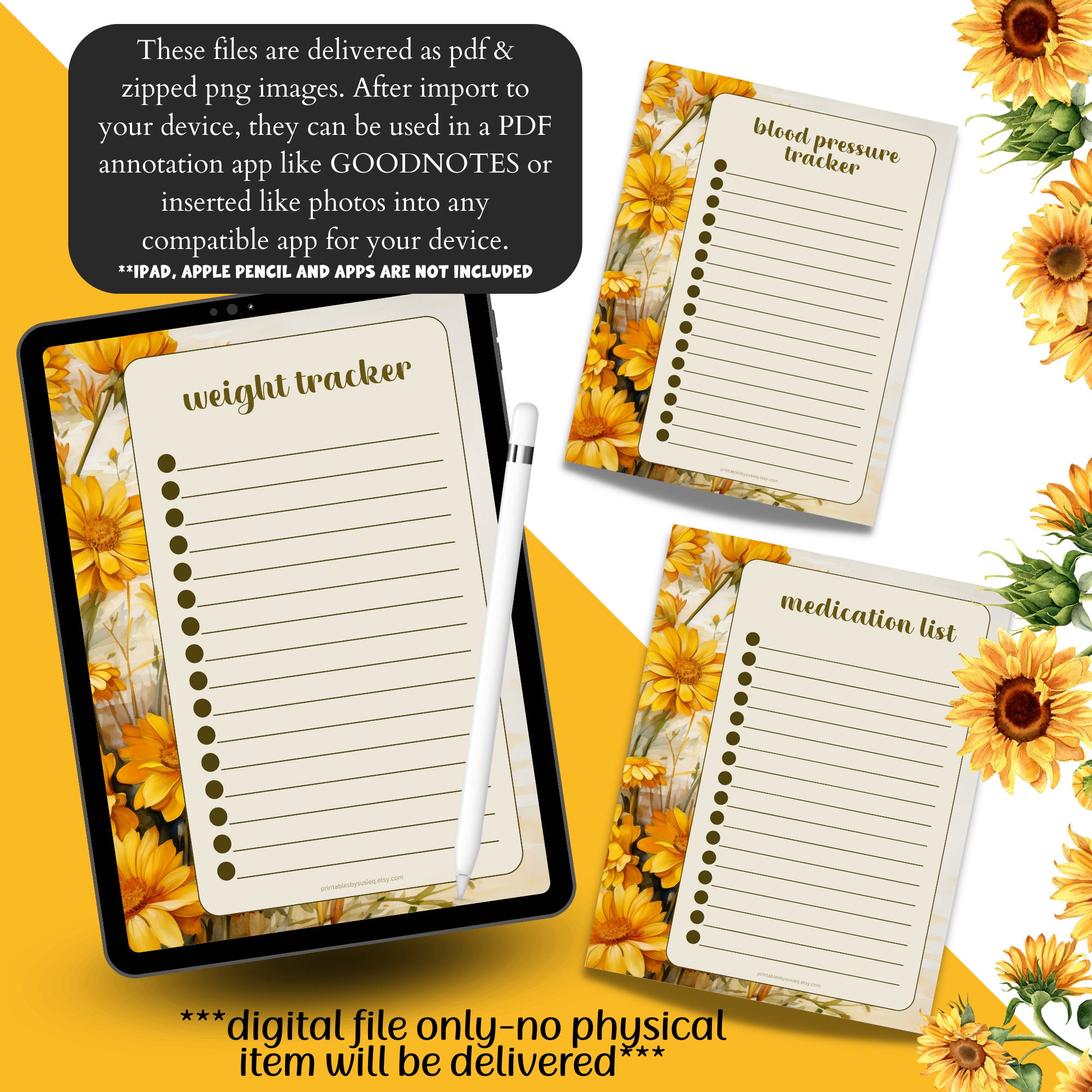 Printable Sunflower To-do List Bundlechecklisthealth Trackerimportant ...