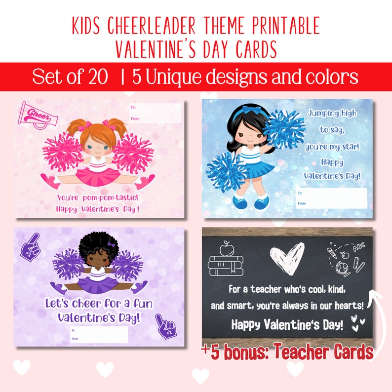 Valentine's Day Cards for Kids Printable CHEERLEADER Theme: 20 Kid ...