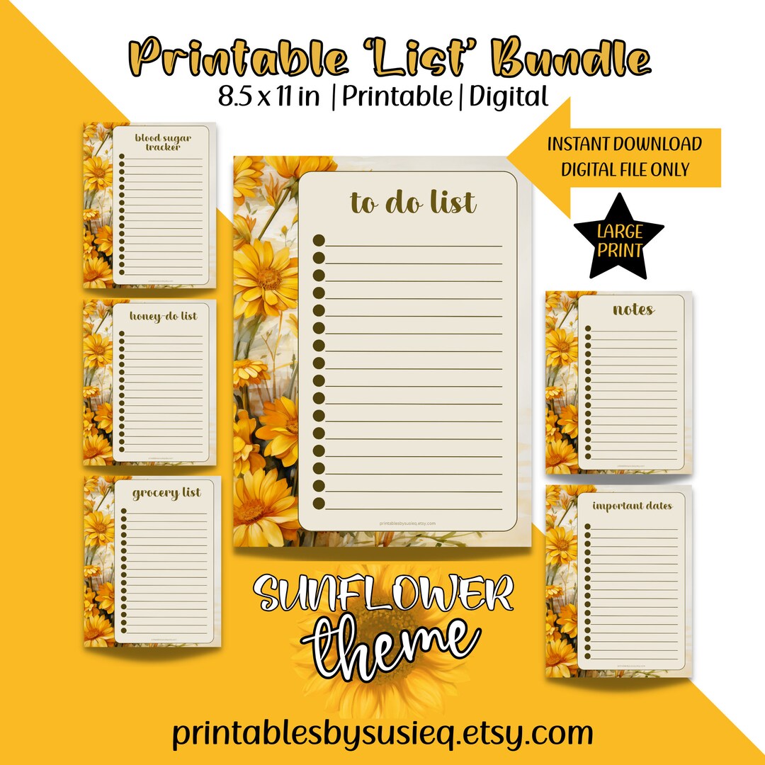 Printable Sunflower To-do List Bundle|checklist|health Tracker ...