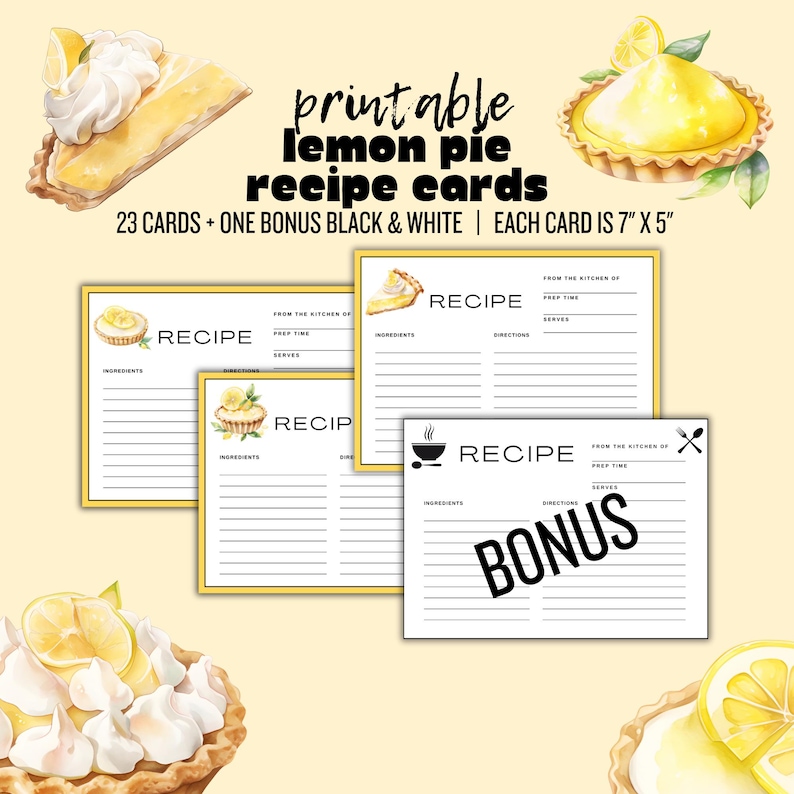 Printable Recipe Cards, Lemon Pie Design, Kitchen Accessories, Foodie ...