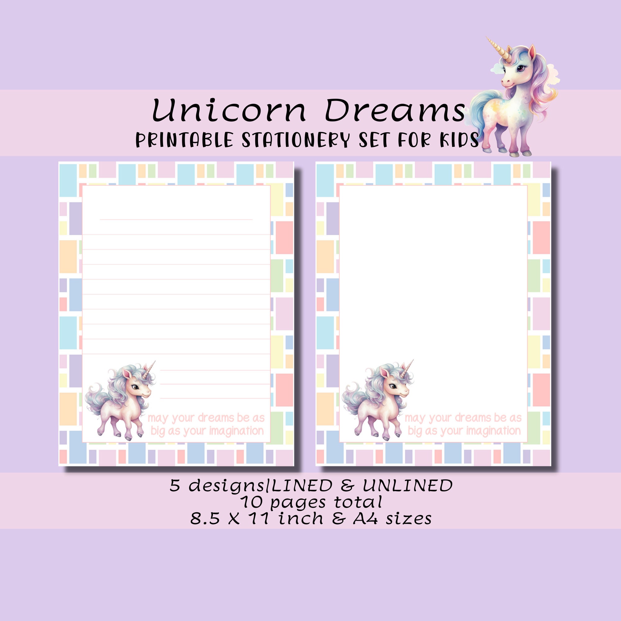 Unicorn Dreams Kids Printable Stationery Set, Letter Writing Set, Pen ...