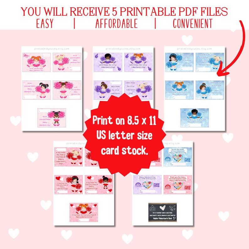 Valentine's Day Cards for Kids Printable CHEERLEADER Theme: 20 Kid ...