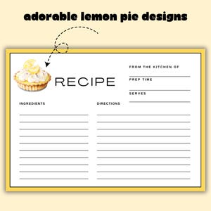 Printable Recipe Cards, Lemon Pie Design, Kitchen Accessories, Foodie ...