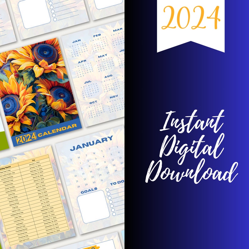 Sunflower Serenity 2024 Monthly Calendar Planner, Printable Calendar ...