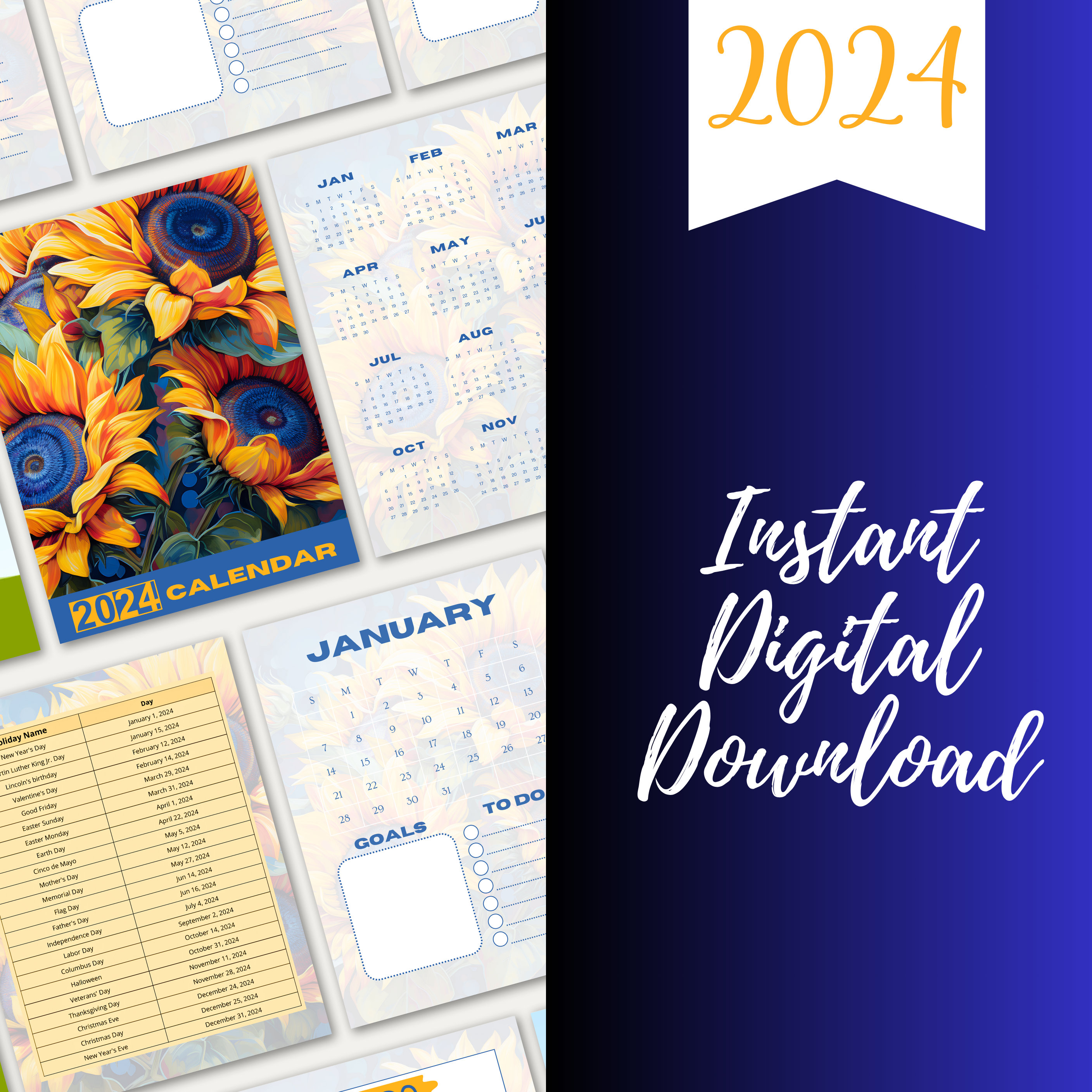 Sunflower Serenity 2024 Monthly Calendar Planner, Printable Calendar ...