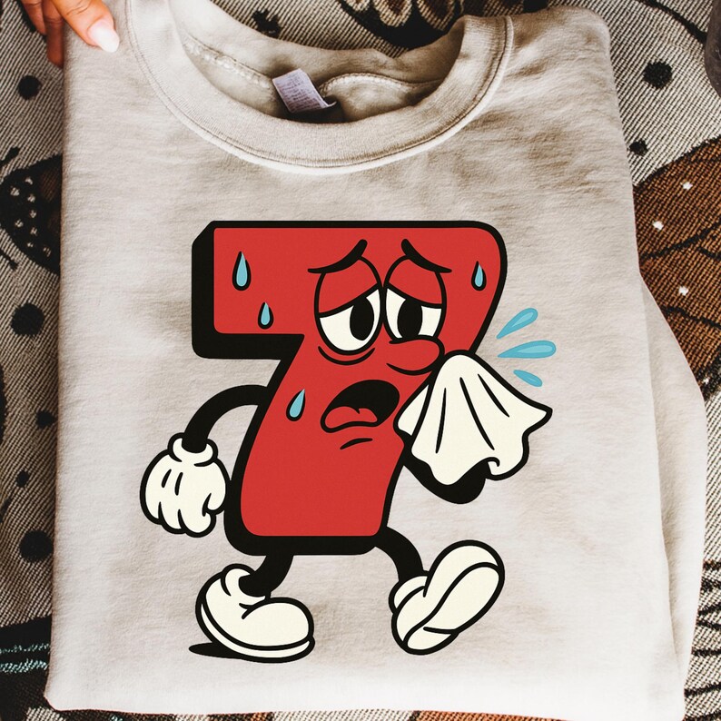 Funny Sick Number 7 Cartoon PNG | Retro Meme Graphic for Sublimation ...