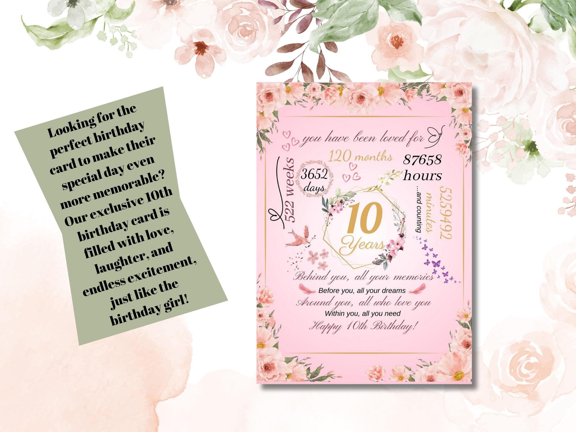 10th Birthday Card Printable, 10 Year Old Girl Pink Birthday Card for ...