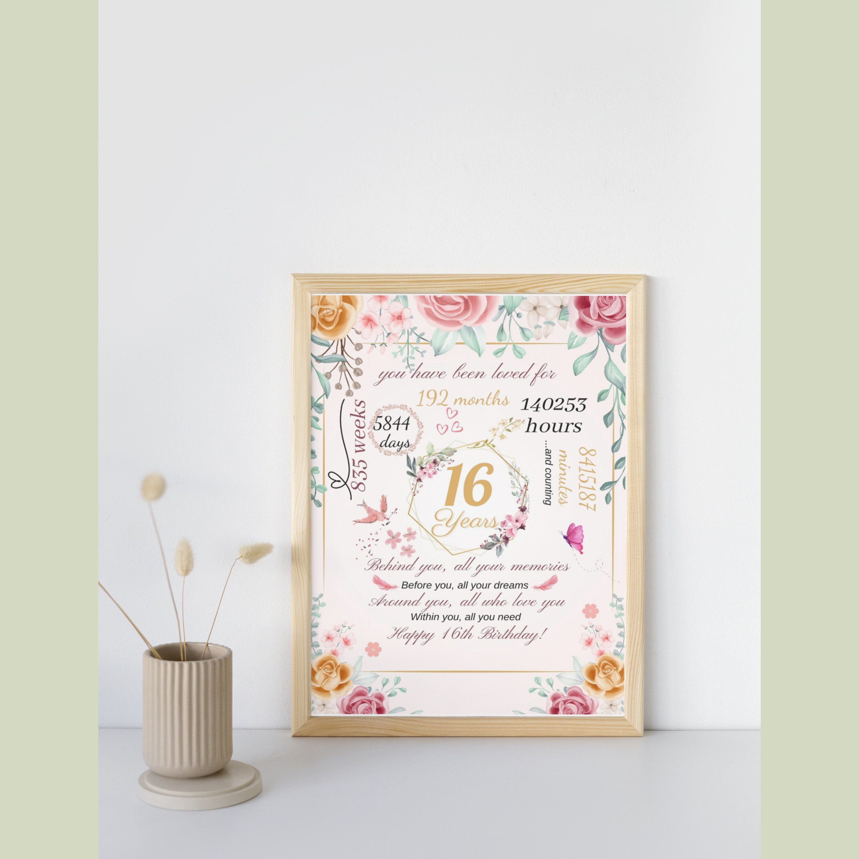 16th Birthday Card Printable, 16 Year Old Girl Pink Birthday Card for ...