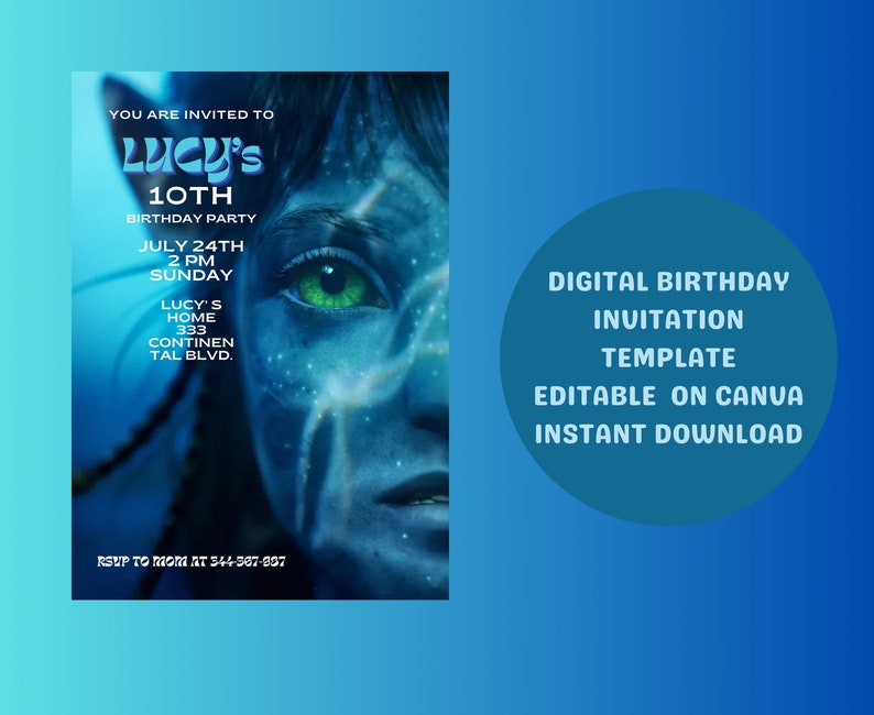 Avatar Birthday Invitation Template for Girls: Editable Card (digital ...