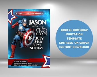 Captain America Birthday Invitation Template for Boys, Superhero Themed ...
