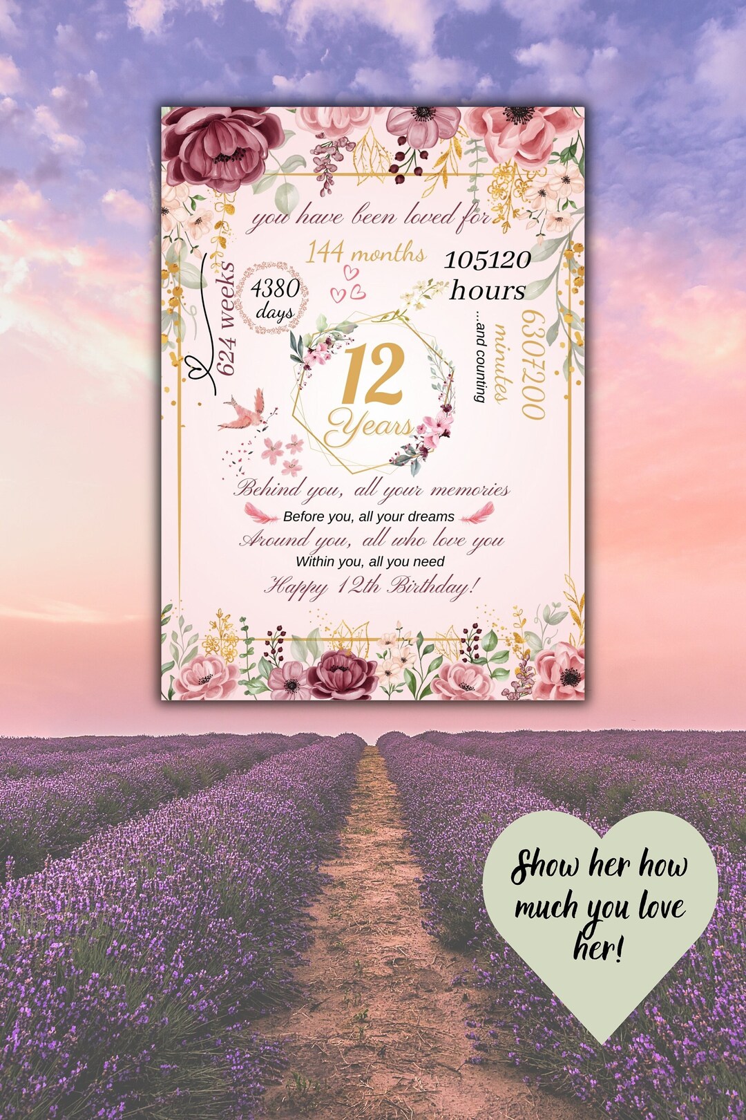 12th Birthday Card Printable, 12 Year Old Girl Pink Birthday Card for ...