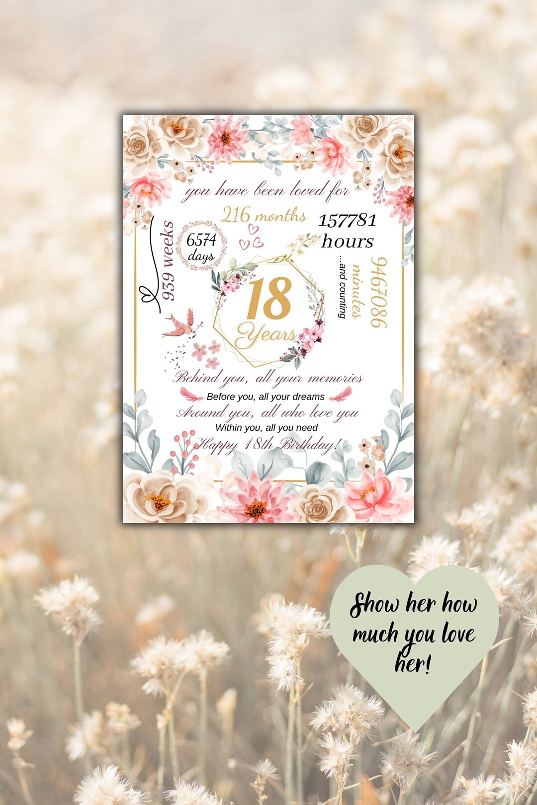 18th Birthday Card Printable, 18 Year Old Girl Pink Birthday Card for ...