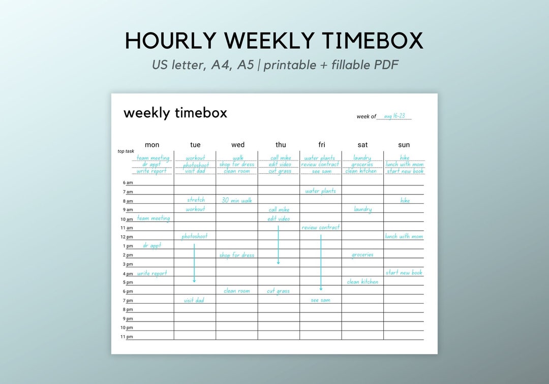 Weekly Timebox Planner, Fillable + Printable PDF, Hourly Weekly Time ...
