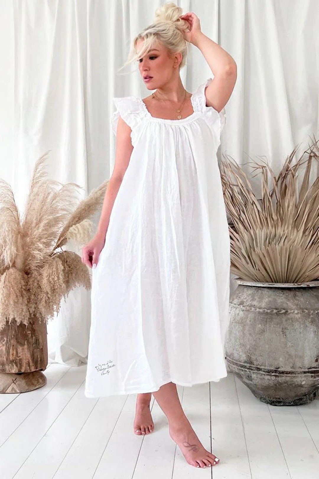 100% Linen Victorian Style Feminine Nightgown Sleepwear Nightdress ...