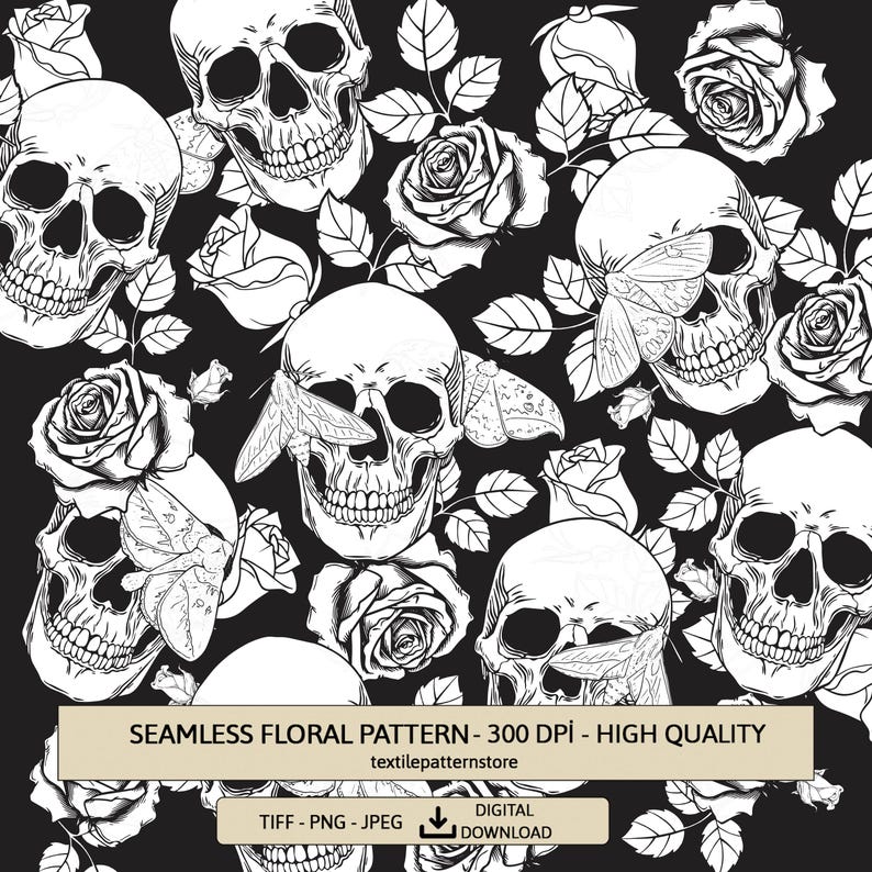 Roses and Skulls, Seamless Patterns, Instant Download, Printable ...