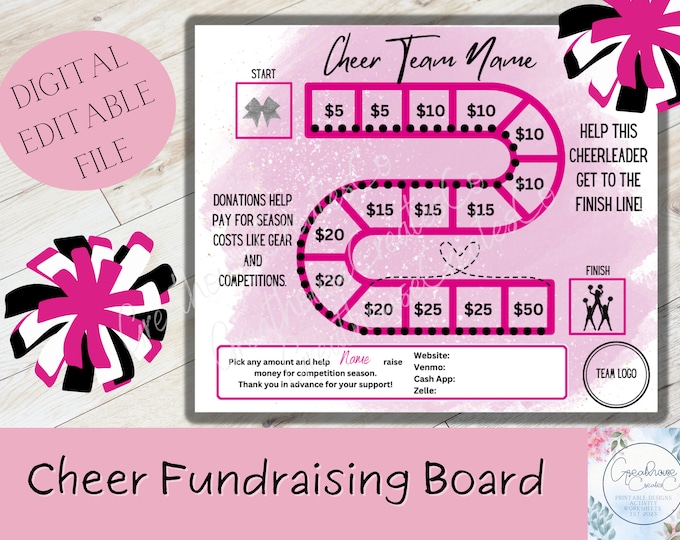 Pink Cheerleader Fundraiser Board Editable CHEER Fundraiser Game Cheer ...