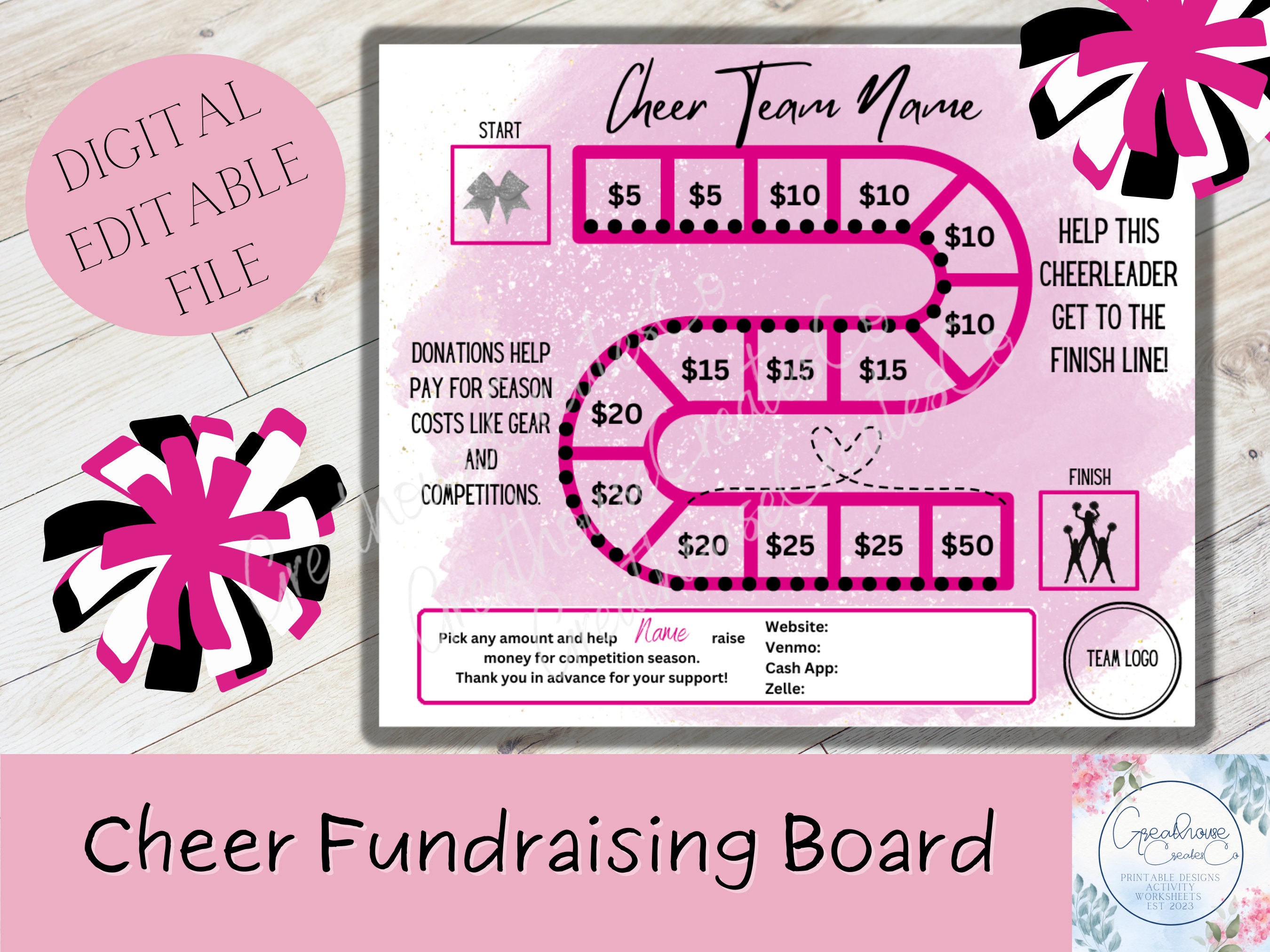 Pink Cheerleader Fundraiser Board | Editable CHEER Fundraiser Game ...