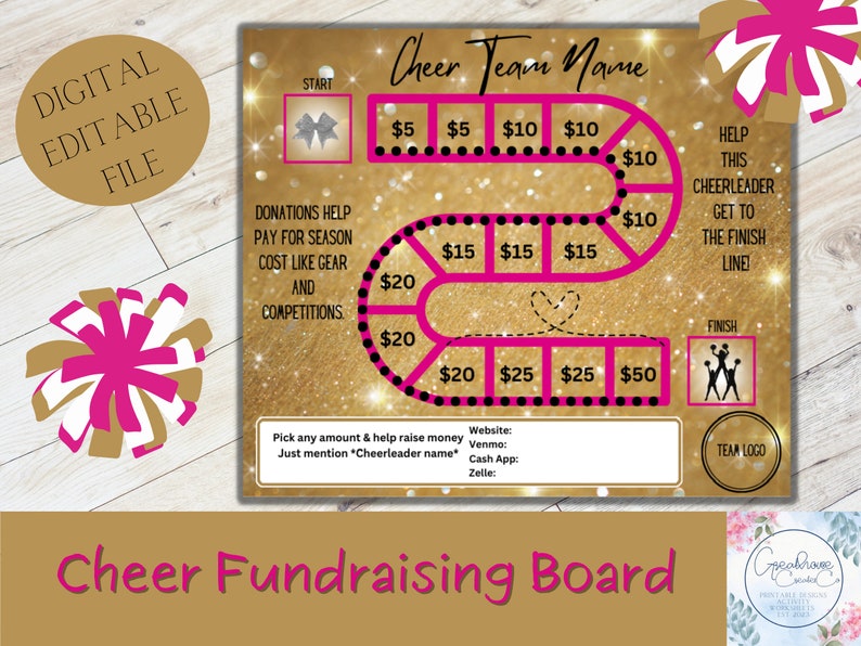 Gold Cheerleader Fundraiser Board | Editable CHEER Fundraiser Game ...