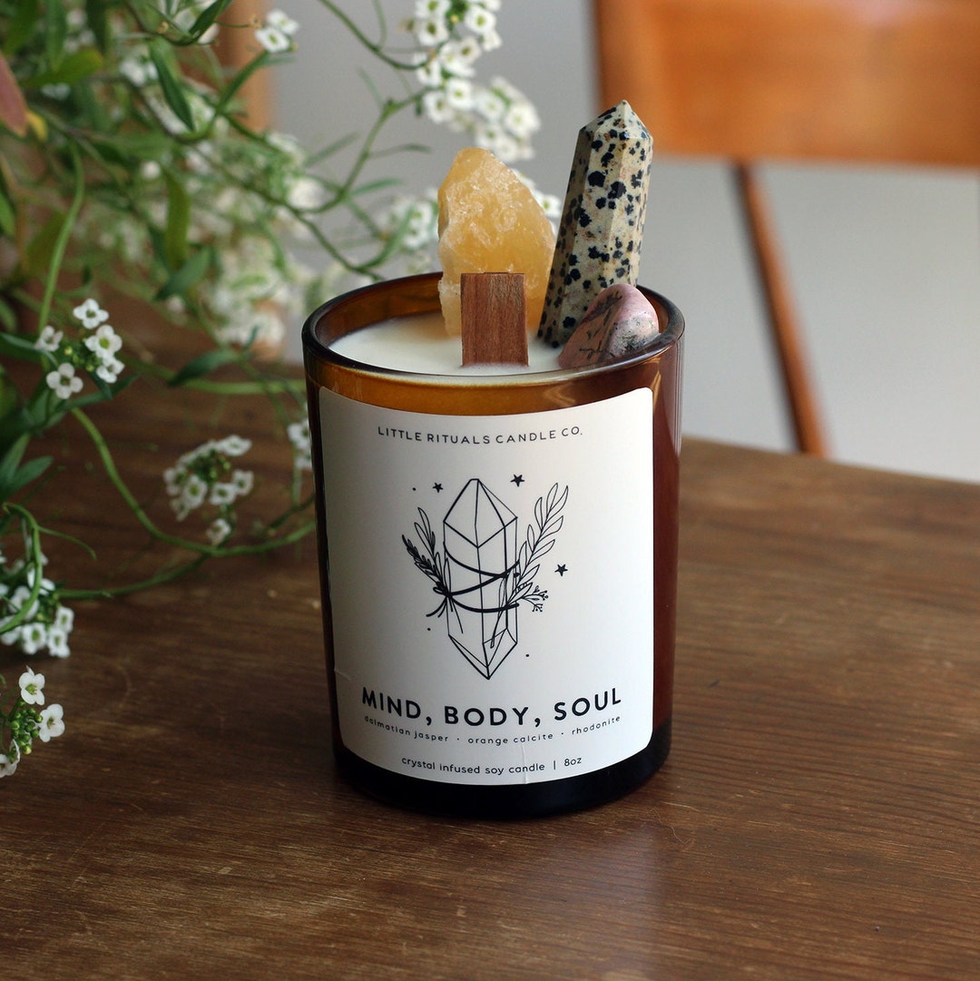 Mind, Body, Soul Crystal Candle | Dalmatian Jasper , Orange Calcite ...