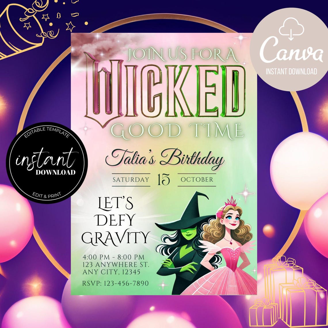 Wicked Birthday Invitation, Glinda and Elphaba Birthday, Editable ...