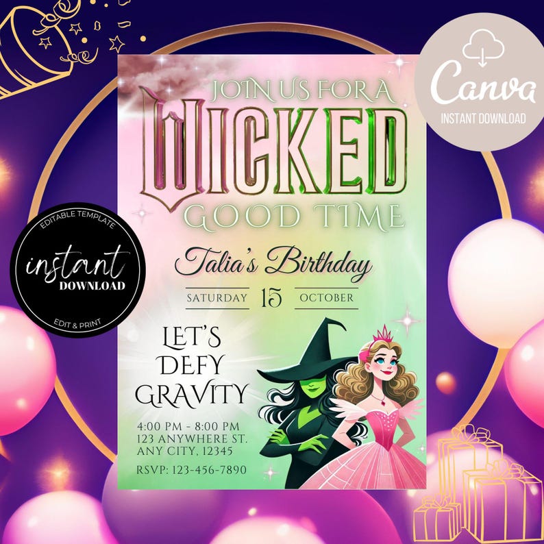Wicked Birthday Invitation, Glinda and Elphaba Birthday, Editable ...
