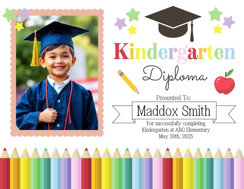 Preschool Diploma Template, Kindergarten Canva Template, Graduation ...