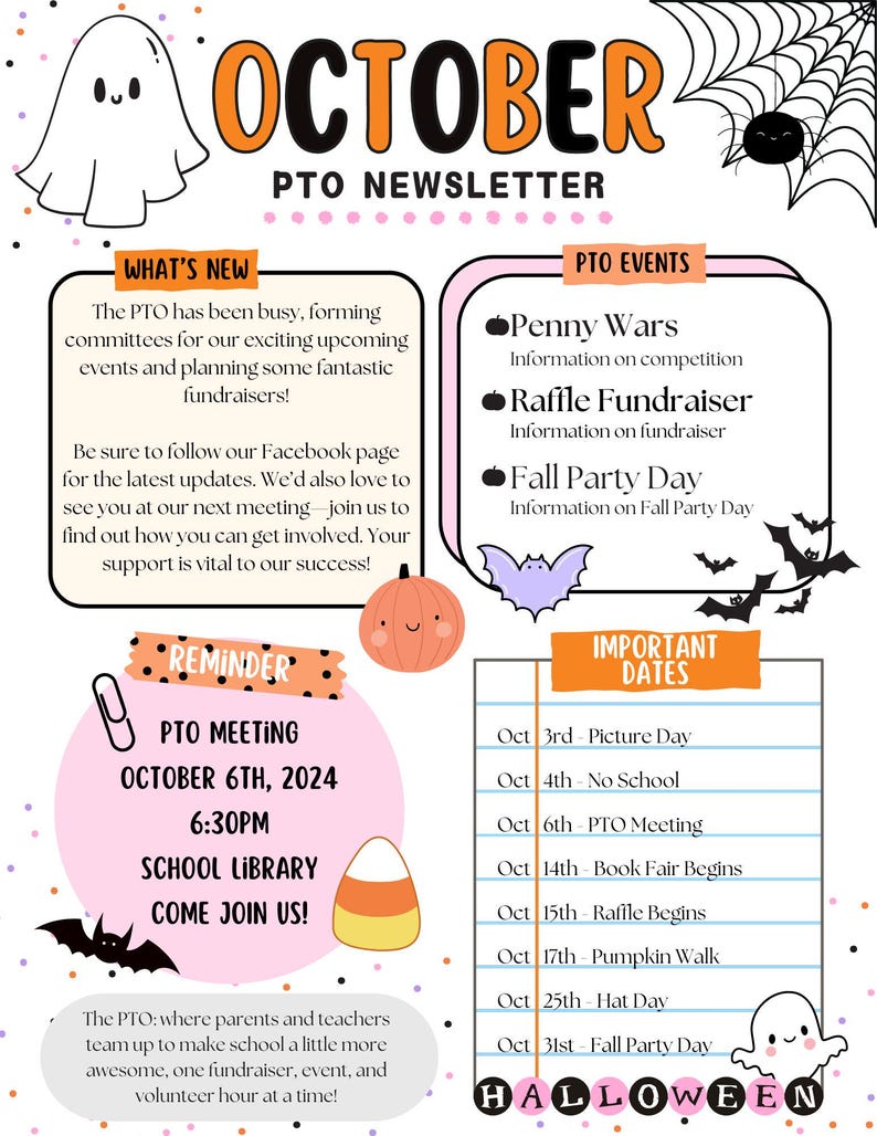 October Newsletter, PTO News, Classroom Newsletter, Canva Template ...