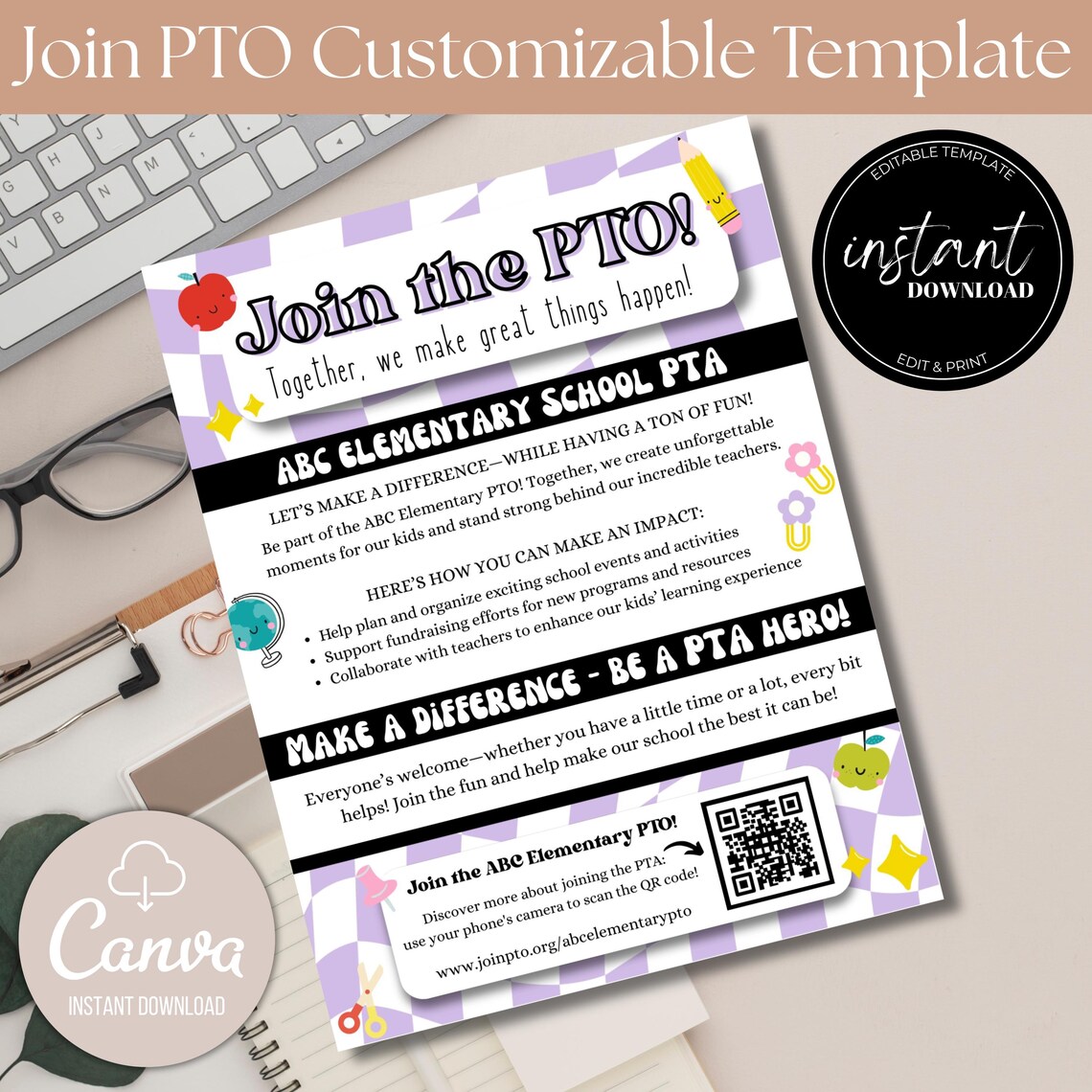 Retro PTO Flyer Template: Editable School Parent Invite (canva Download ...