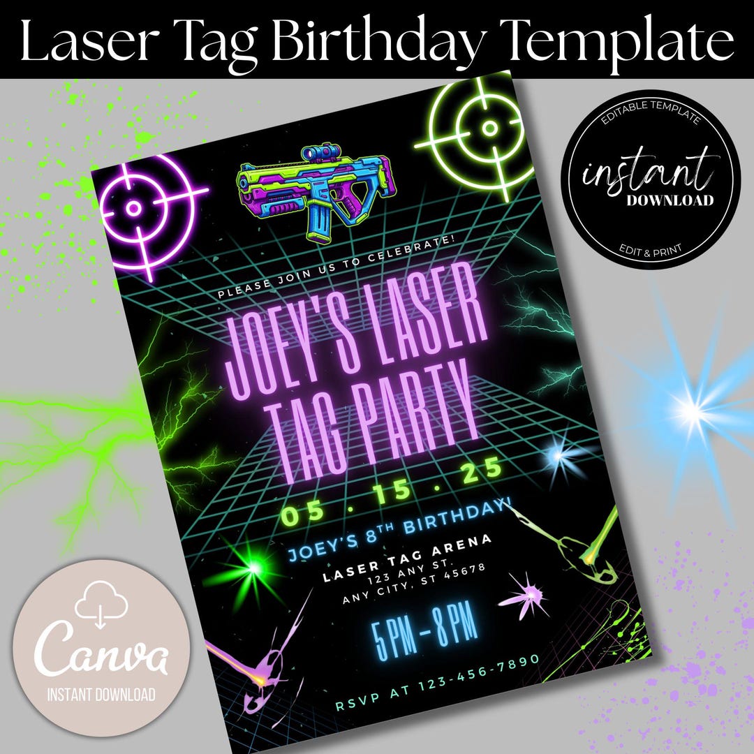 Laser Tag Birthday Invitation Template | Editable Canva Download | 5x7 ...