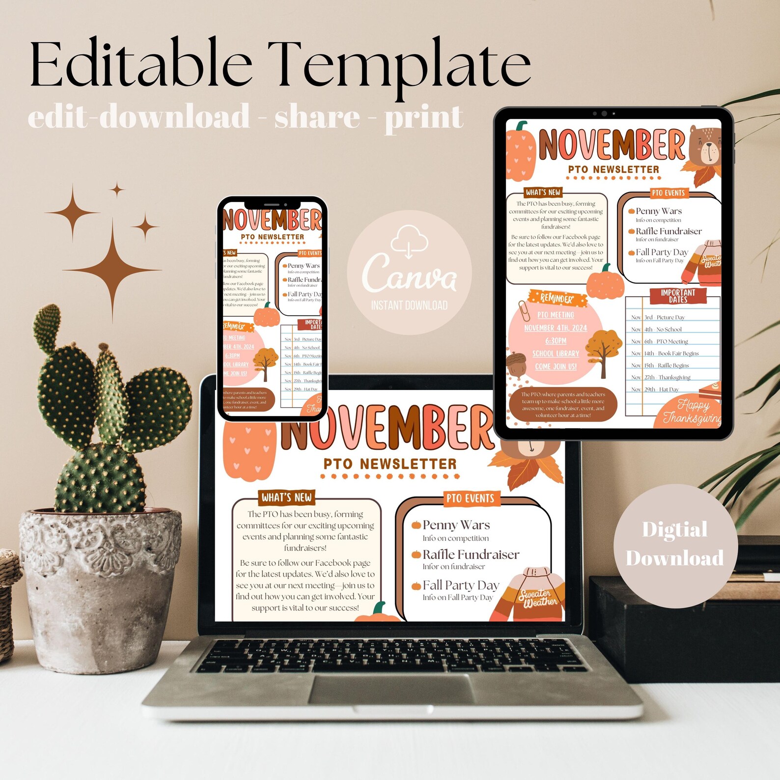 Cute November Newsletter, PTO News, PTA, Teacher Classroom, Fall ...
