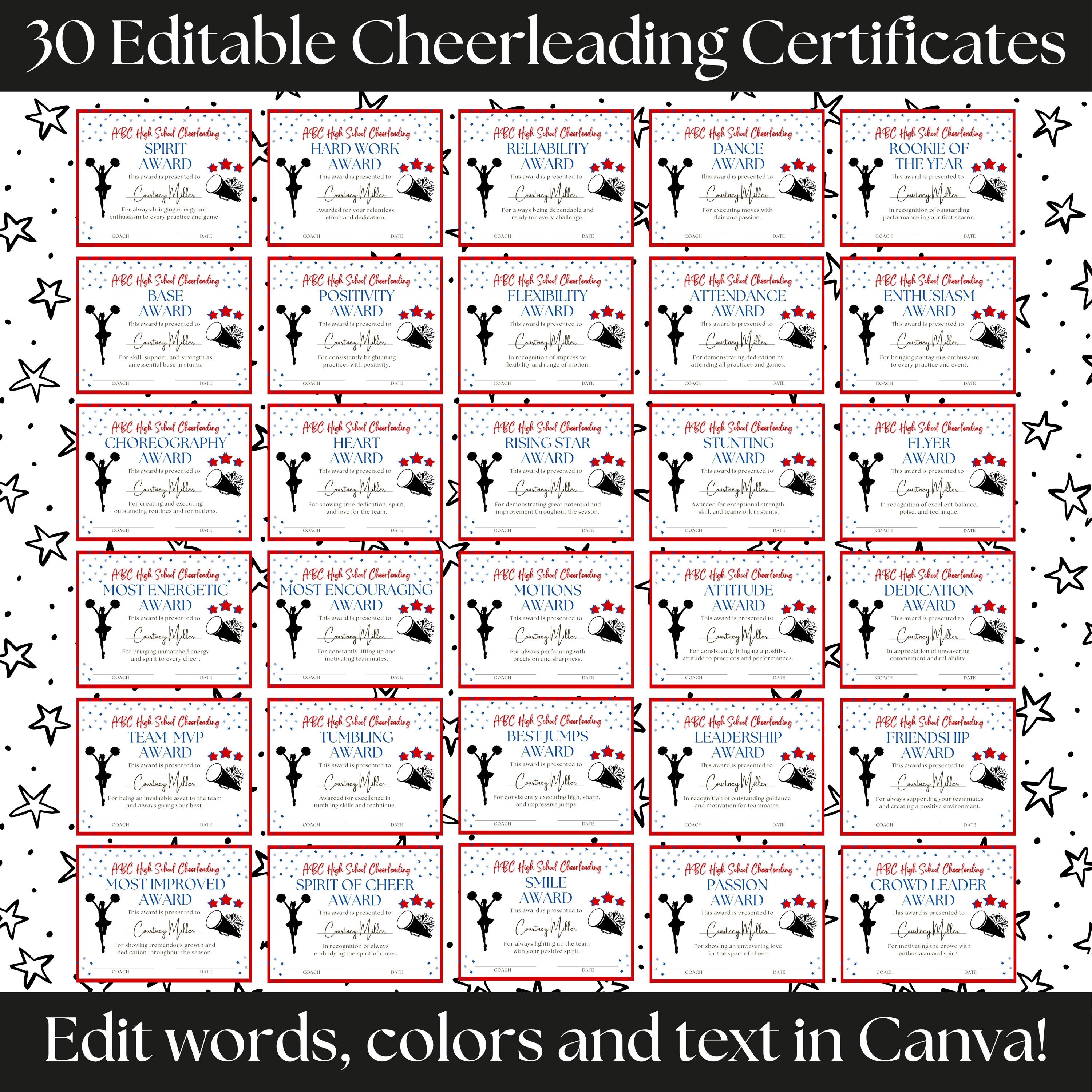 Editable Cheerleading Certificate, Cheer Award, Customize, Canva ...