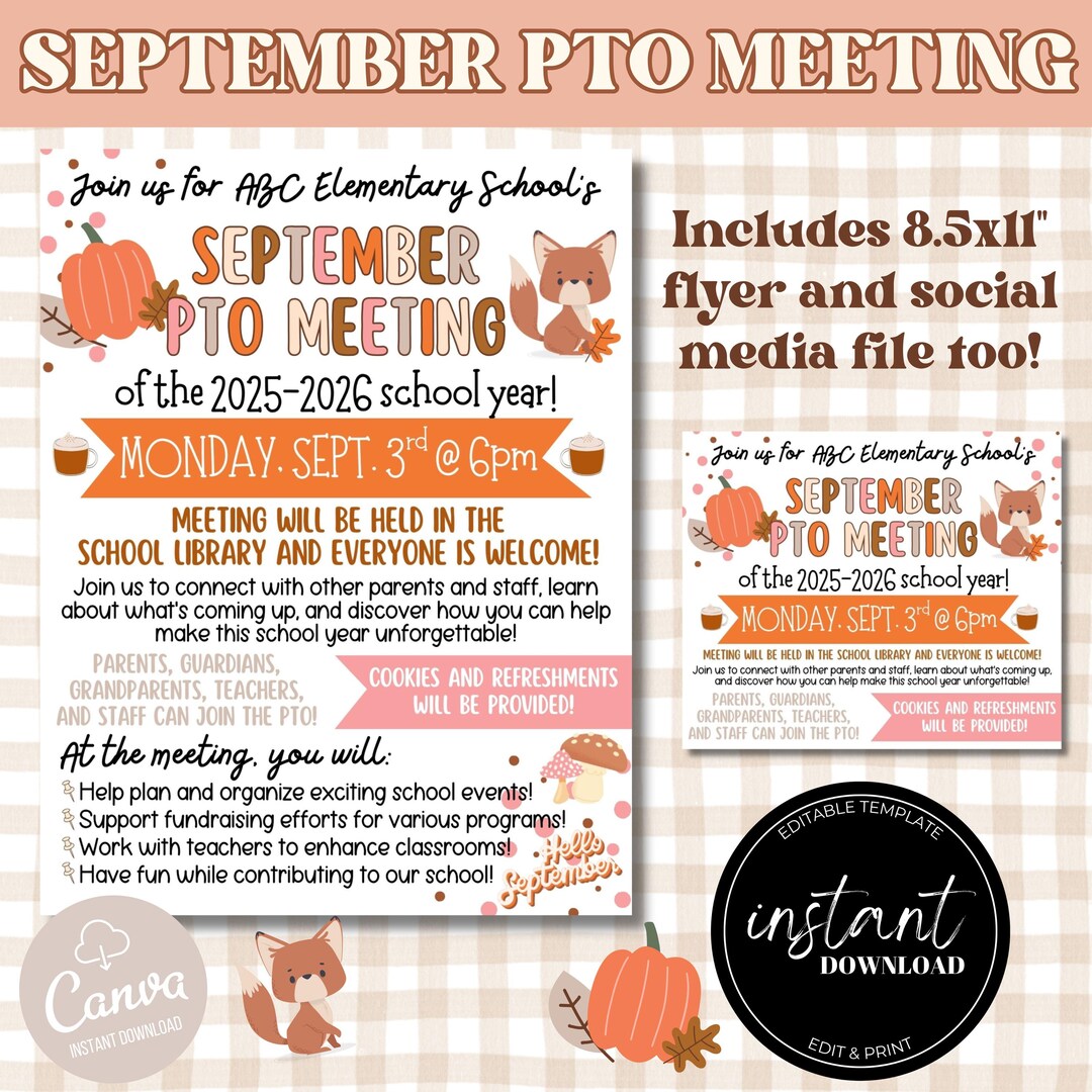 September PTO Meeting Flyer Template | Editable Canva Download | Back ...