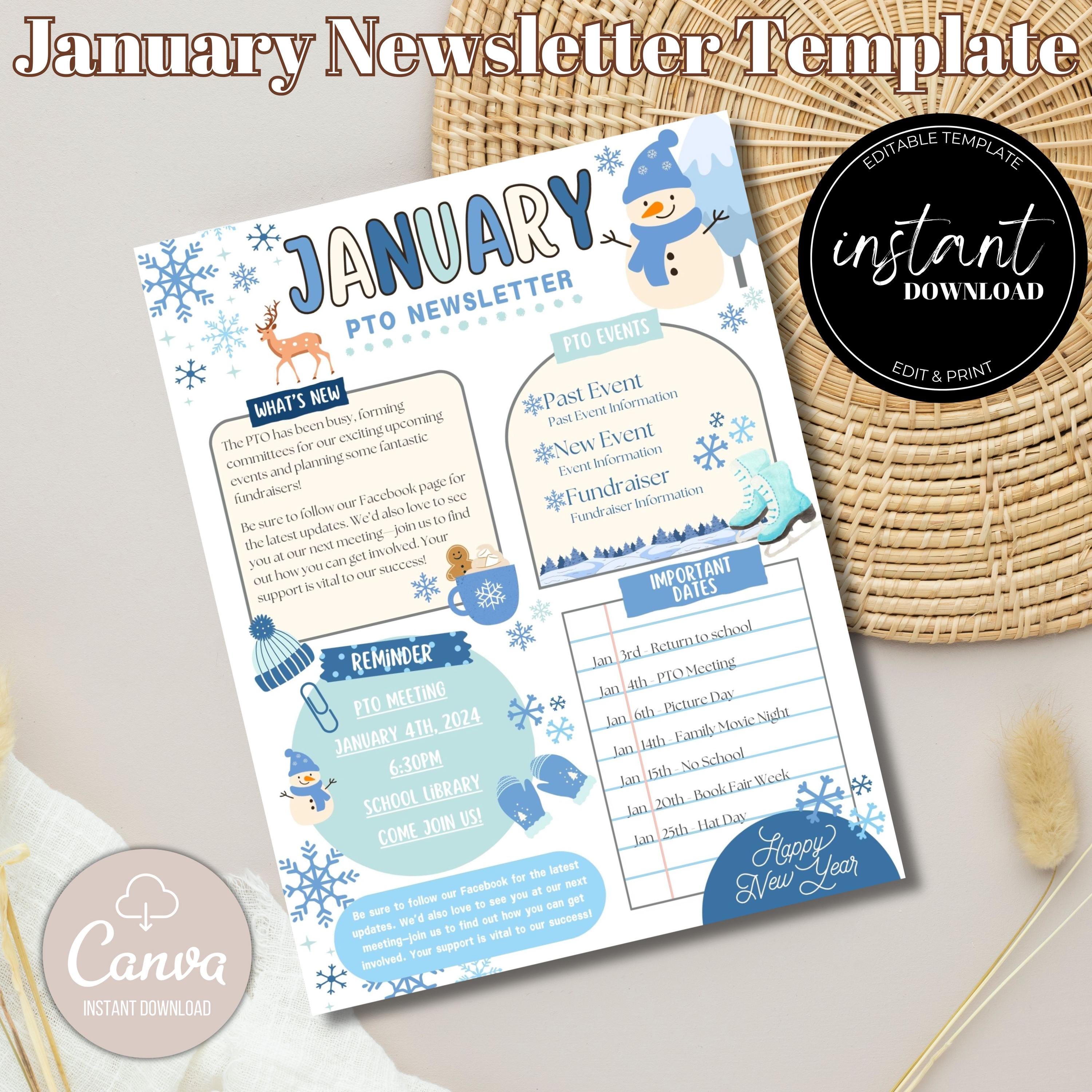 January Newsletter, PTO, PTA, Classroom Information, Canva Template ...