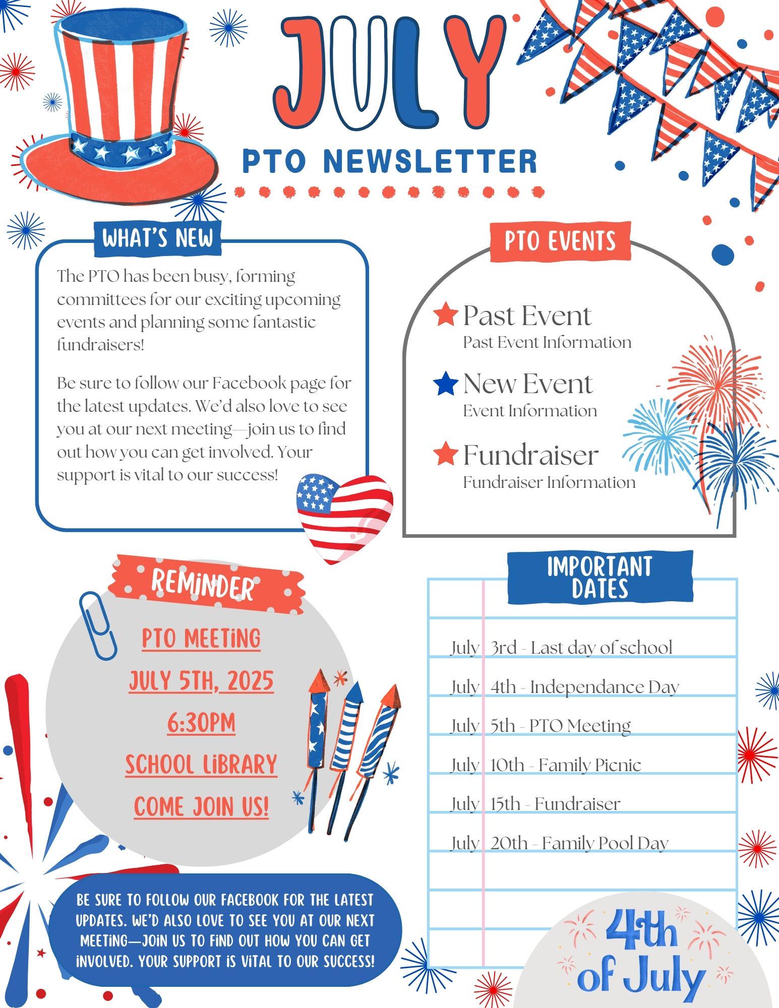 July Newsletter, PTO News, PTA, Teacher Classroom, 4th of July ...