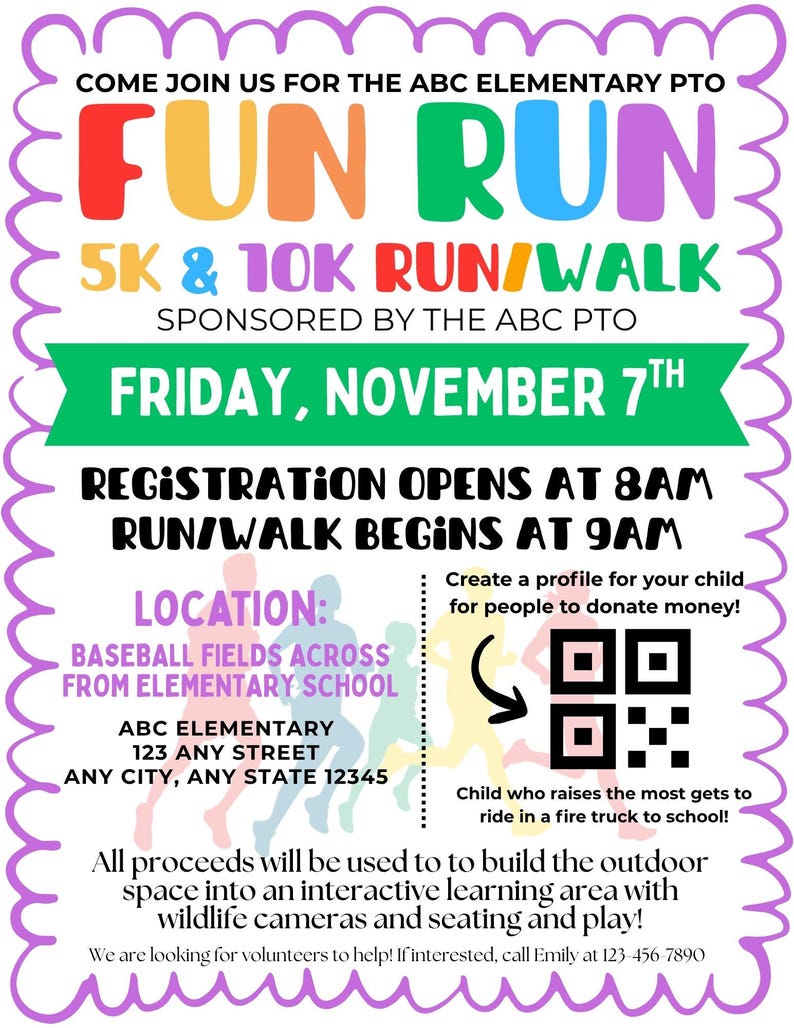 Fun Run Flyer, 5K, 10K Fundraiser, Customizeable Flyer, PTA Canva ...