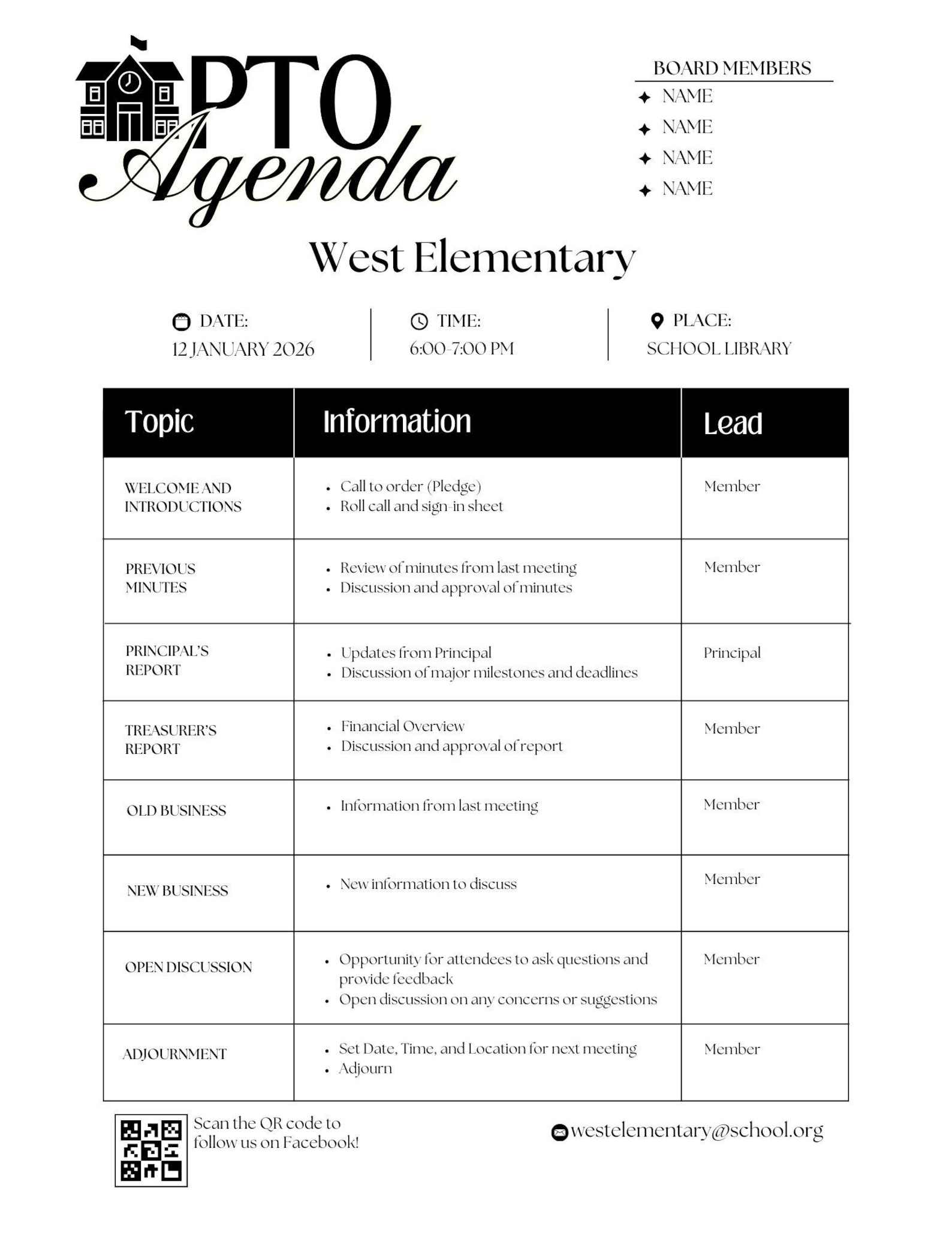 Agenda Template, PTO, PTA, Meeting, Minutes, Canva Template, School ...