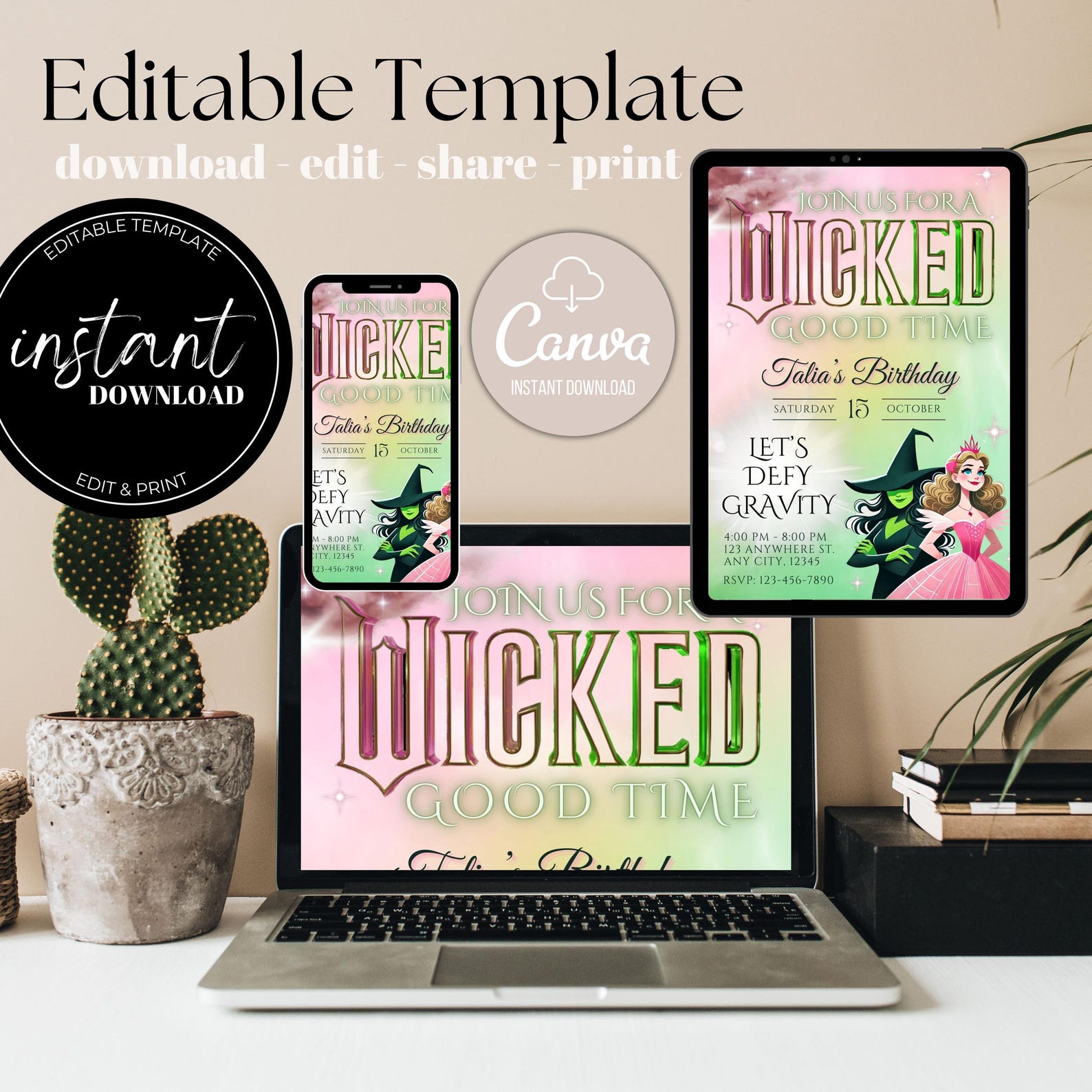 Wicked Birthday Invitation, Glinda and Elphaba Birthday, Editable ...