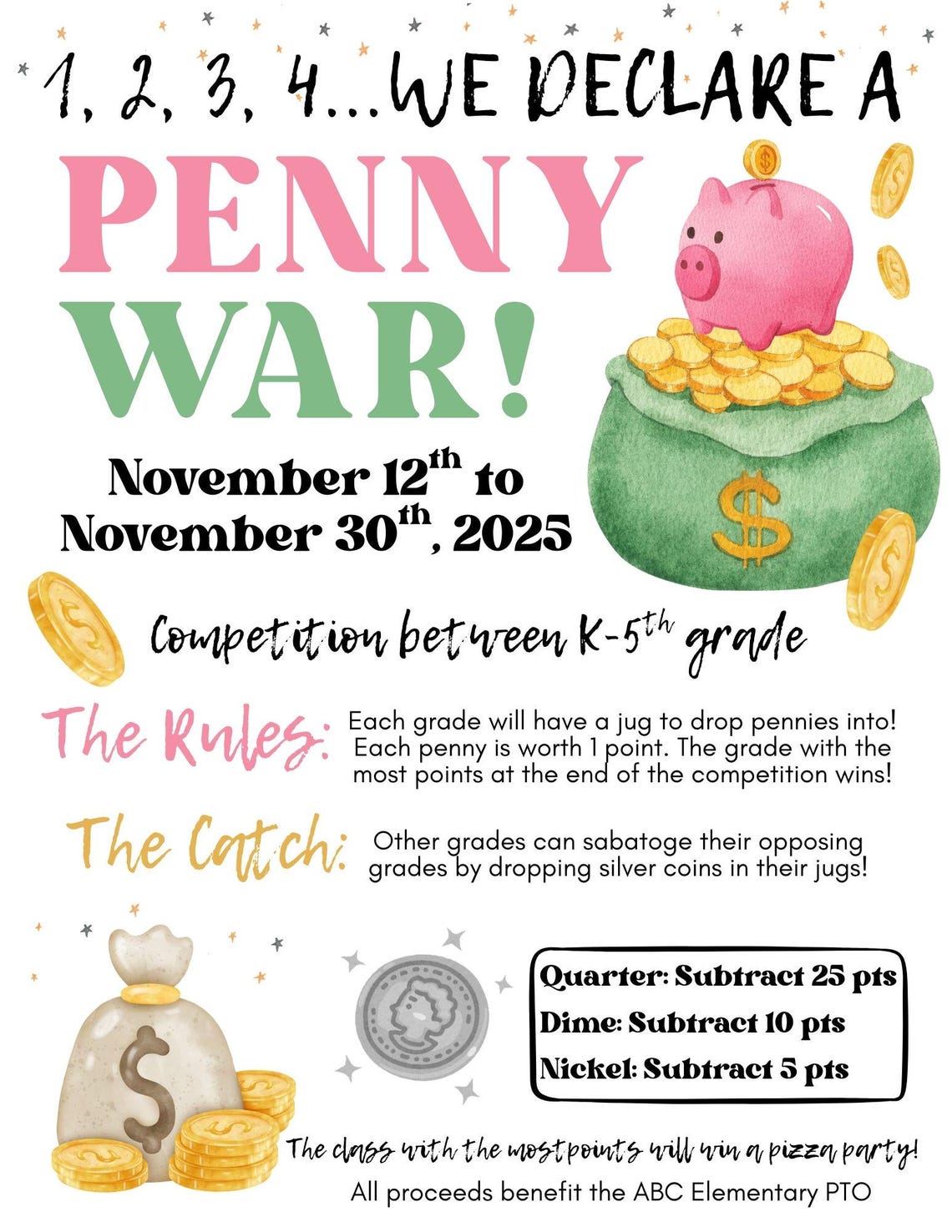Penny War Flyer, Coin Fundraiser, Customizeable Flyer, PTA Canva ...