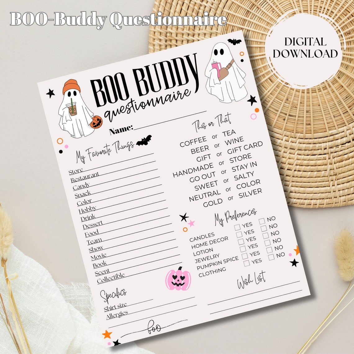 Boo-buddy Questionnaire, Party Printable, Halloween Party, About Me ...