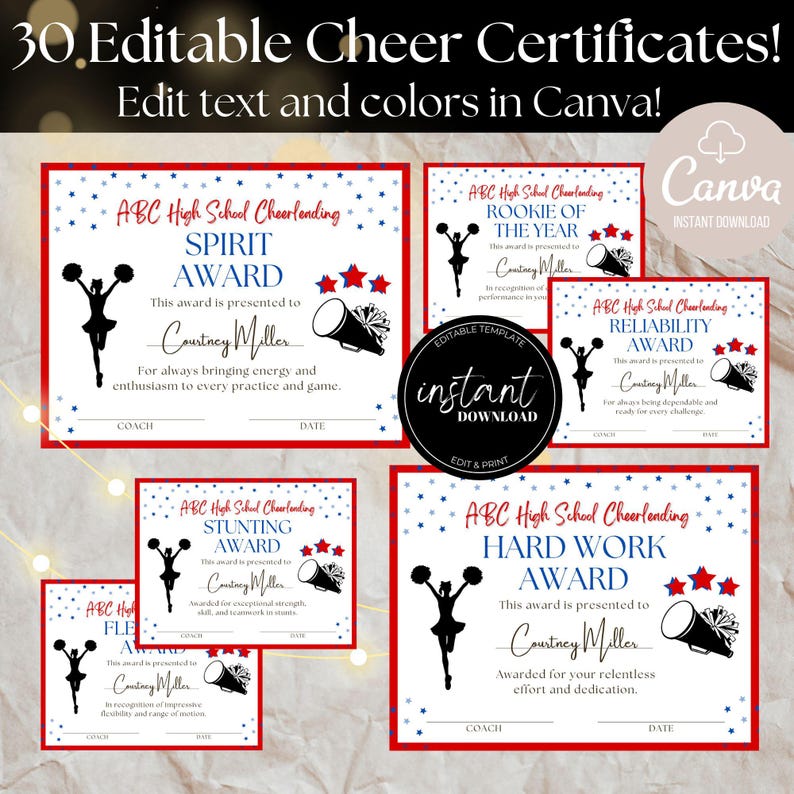 Editable Cheerleading Certificate, Cheer Award, Customize, Canva ...