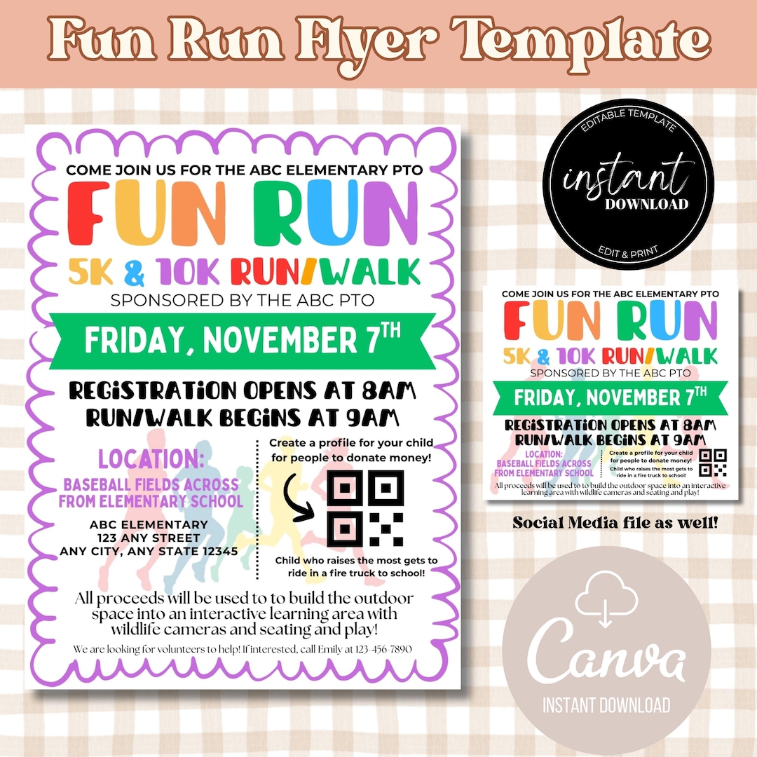 Fun Run Flyer, 5K, 10K Fundraiser, Customizeable Flyer, PTA Canva ...