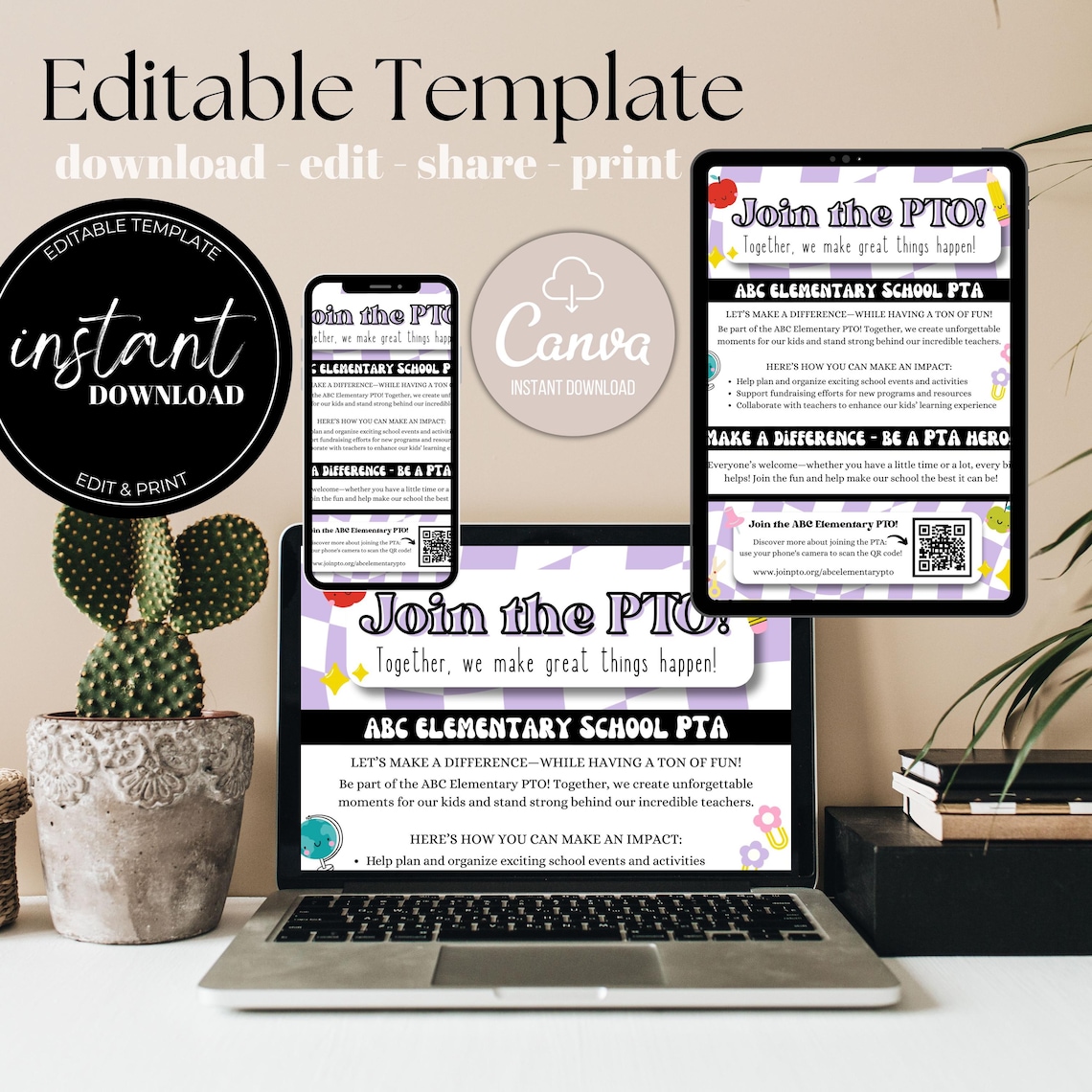 Retro PTO Flyer Template: Editable School Parent Invite (canva Download ...
