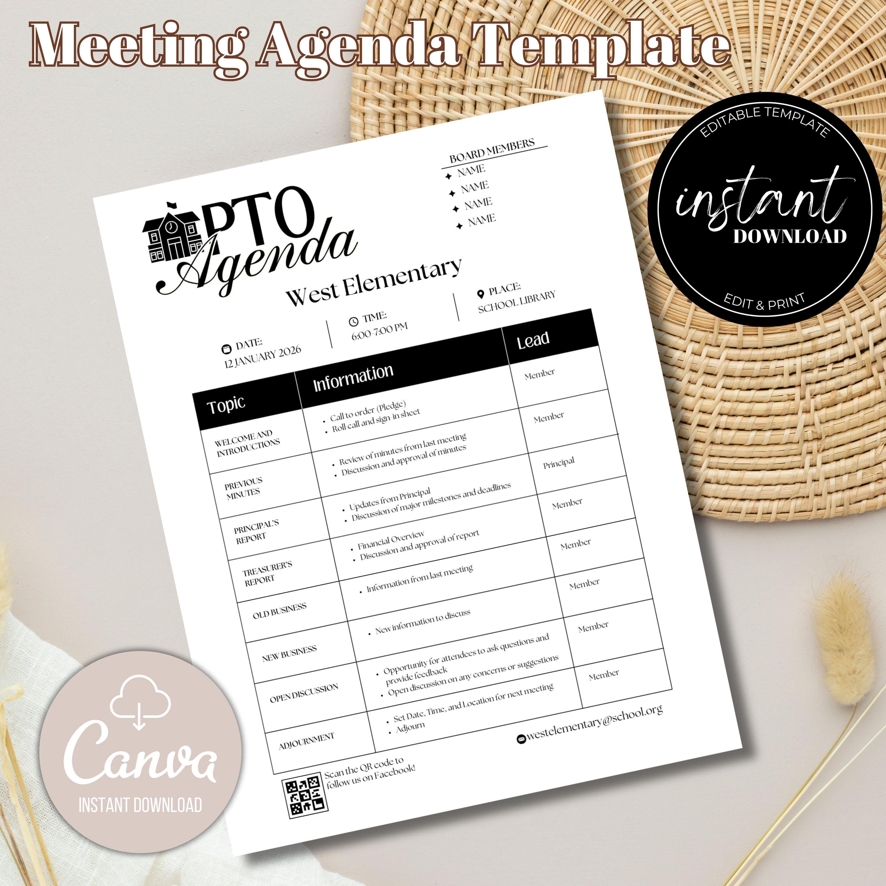 Agenda Template, PTO, PTA, Meeting, Minutes, Canva Template, School ...