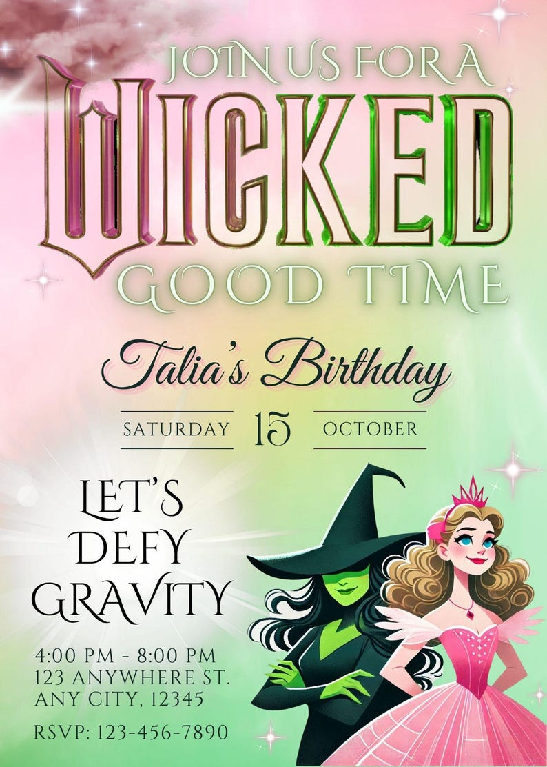 Wicked Birthday Invitation, Glinda and Elphaba Birthday, Editable ...